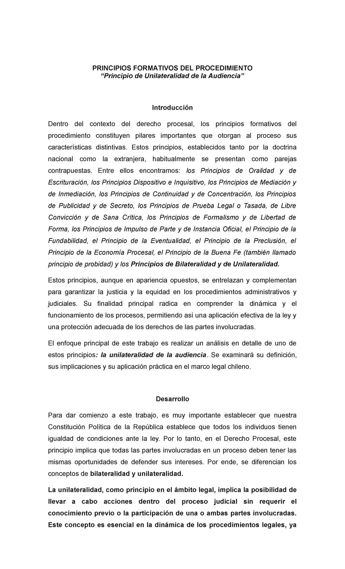Trabajo - Análisis del Principio de Unilateralidad en Procedimiento ...
