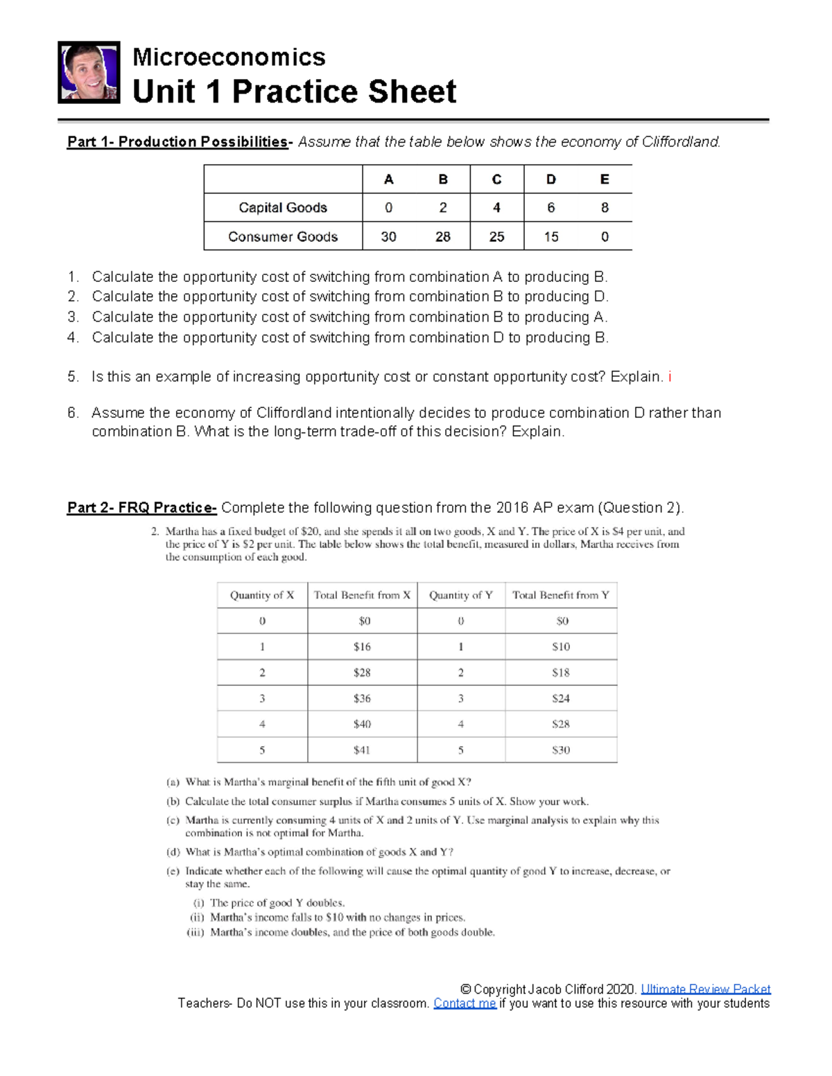 Microeconomics Unit 1 Practice Sheet: Opportunity Cost Analysis - Studocu