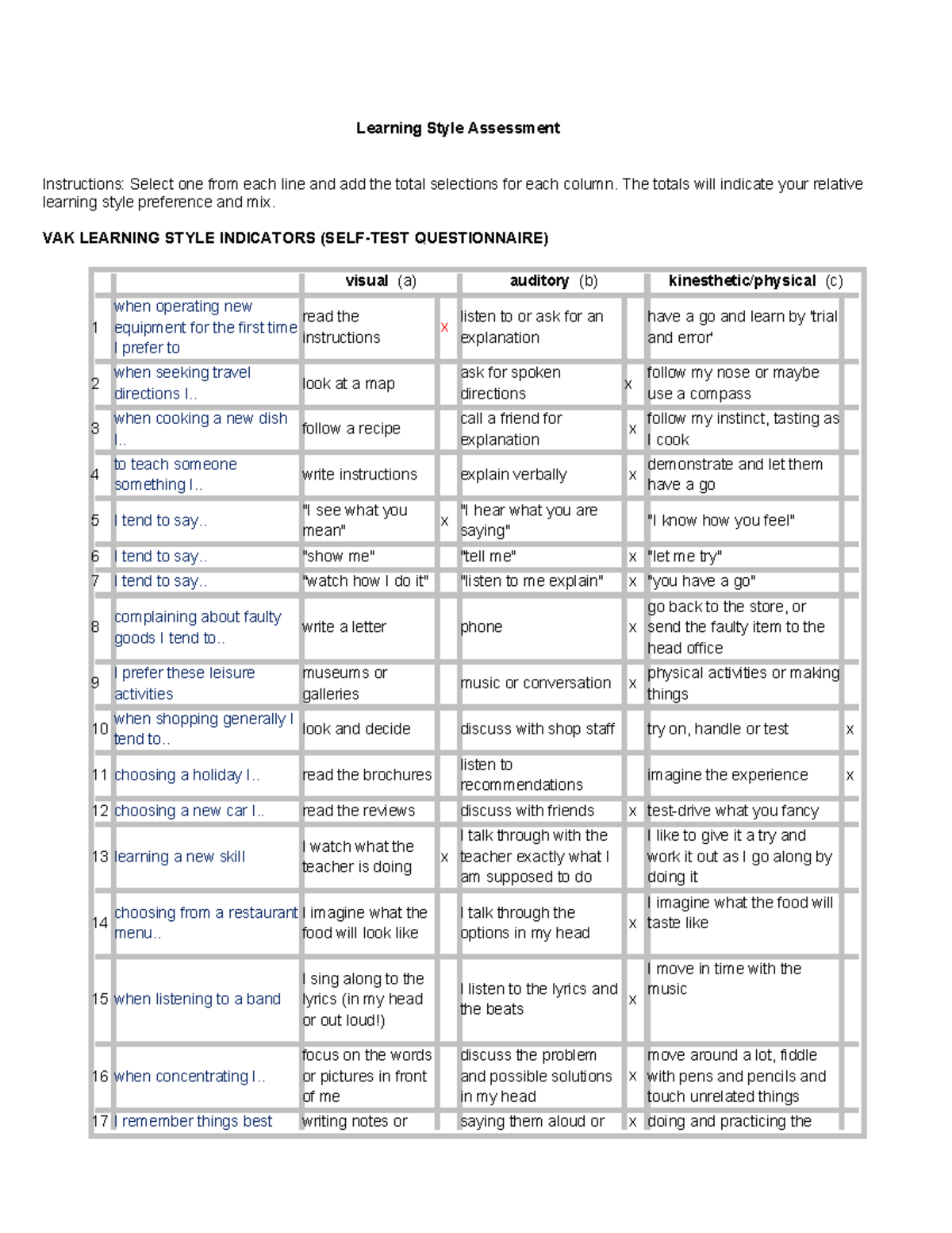 Learning Style Assessment: VAK Questionnaire Instructions - Studocu