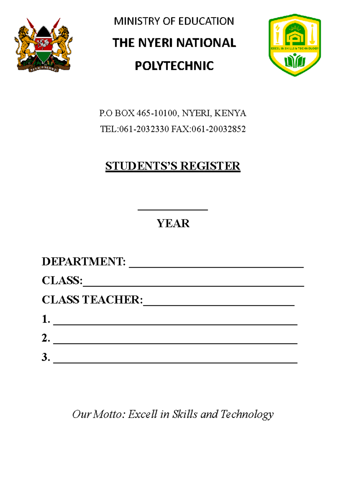 Class Register - Learning Plan Sample - P BOX 465-10100, NYERI, KENYA ...