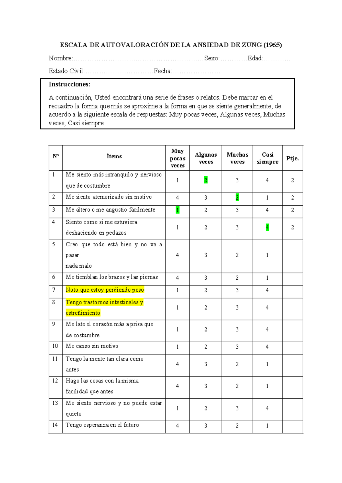 Protocolo Zung de Evaluación de Ansiedad - Respuestas y Escala - Studocu