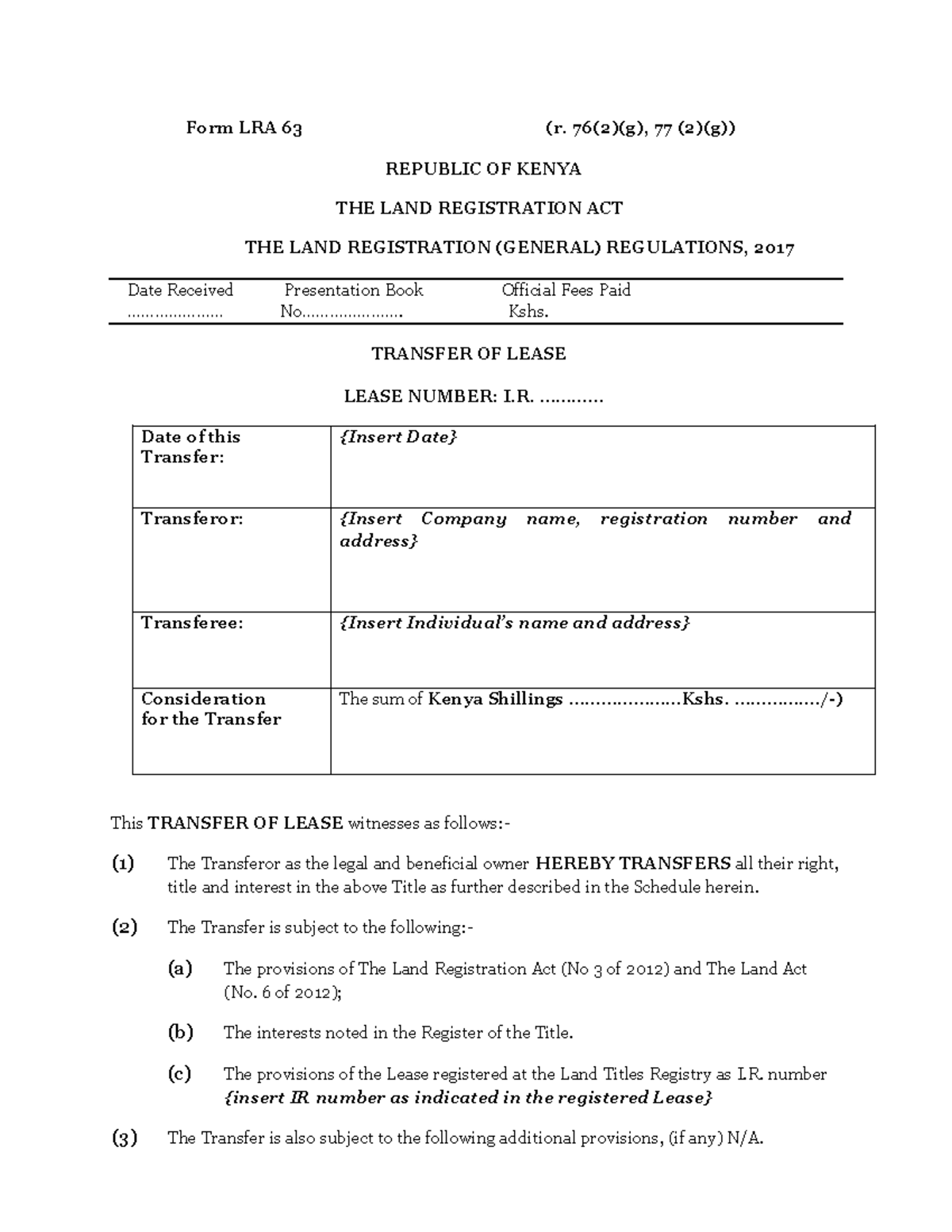 Transfer of Lease Form LRA 63 (Long-Term Lease) - Kenya - Studocu