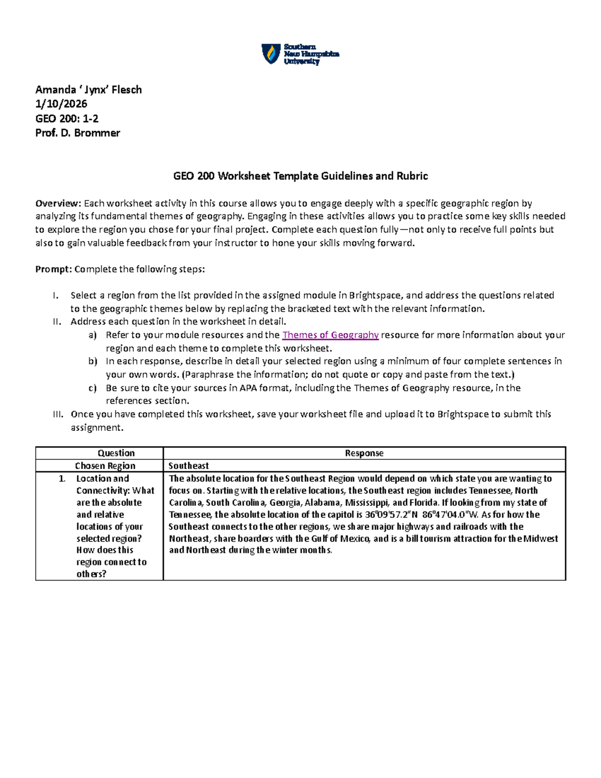 GEO 200 Worksheet Template: Southeast Region Analysis & Guidelines ...