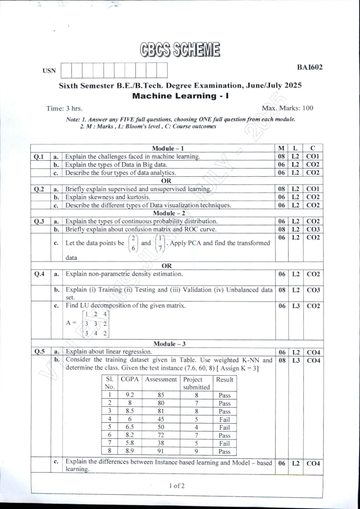 Machine Learning I - BAI602 Sixth Semester Exam Guide - Studocu