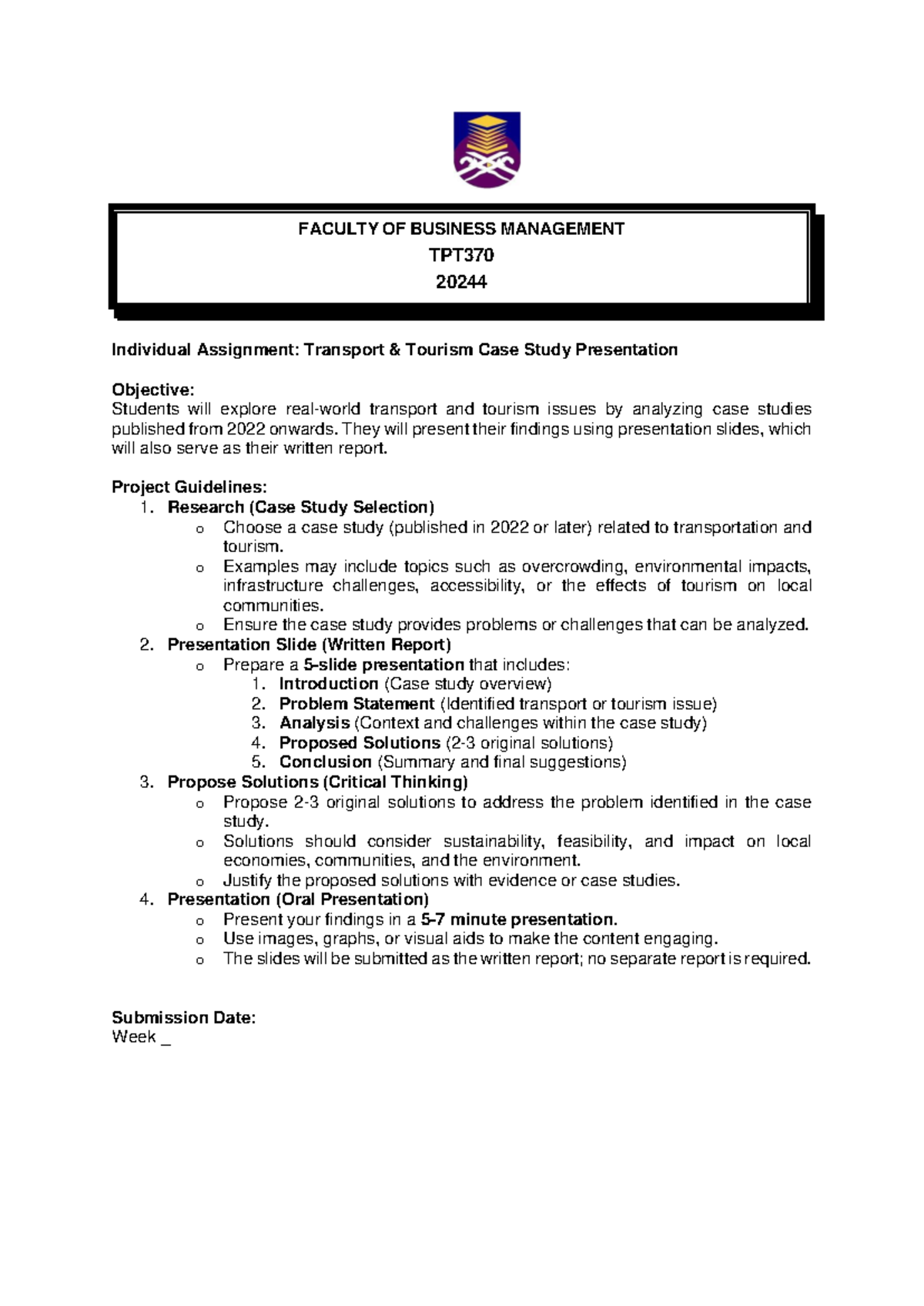 TPT370 20244 Individual Assignment: Transport Tourism Case Study ...