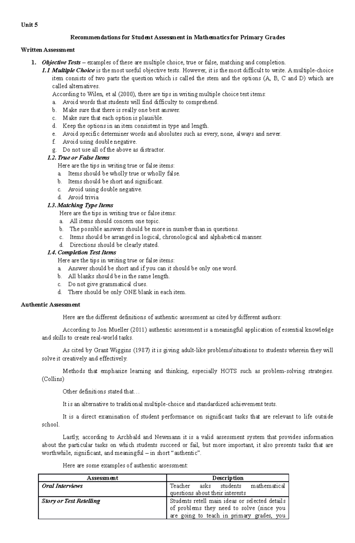 UNIT-5 - Activity - Unit 5 Recommendations for Student Assessment in ...