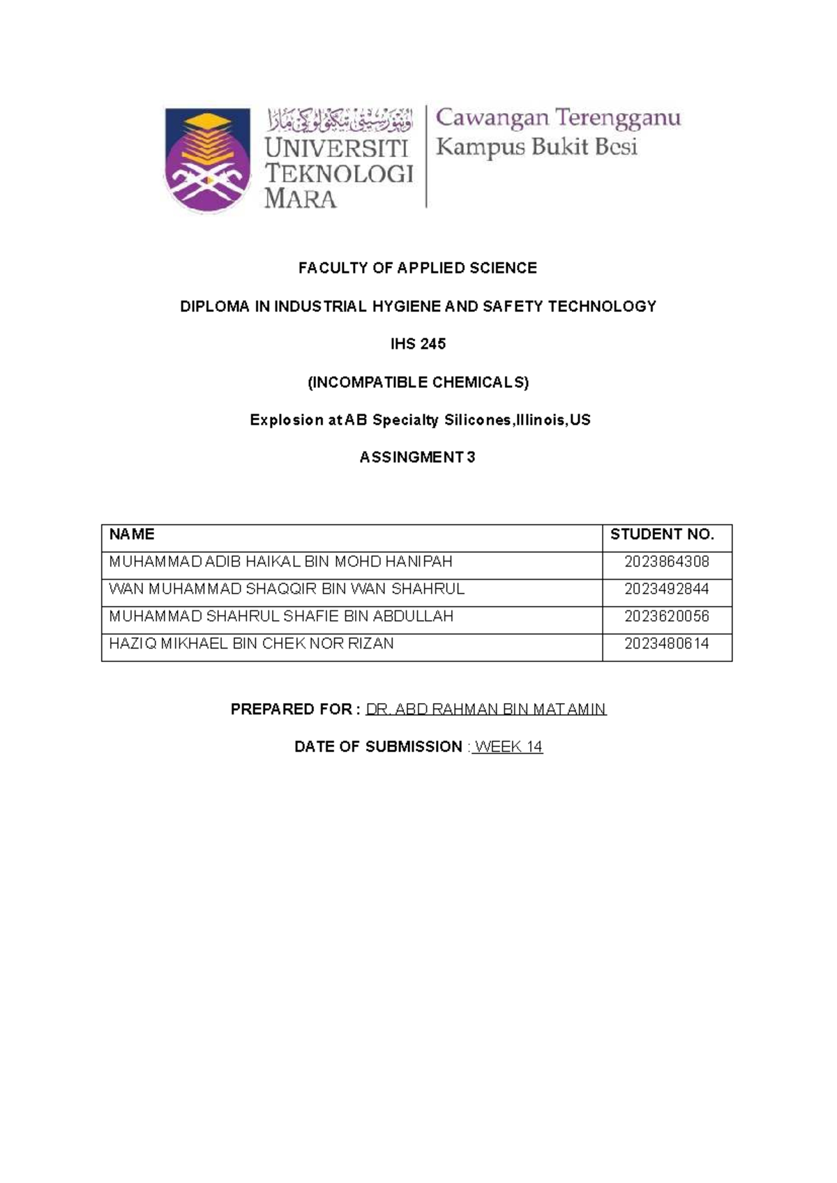 IHS 245 Case Study Assignment 3: Explosion at AB Specialty Silicones ...