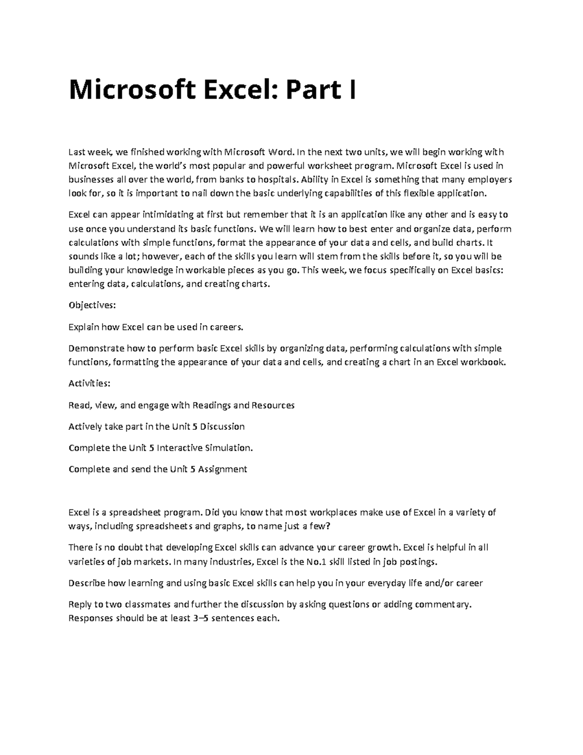 Microsoft Excel Part I: Basics of Data Entry and Charts - Studocu