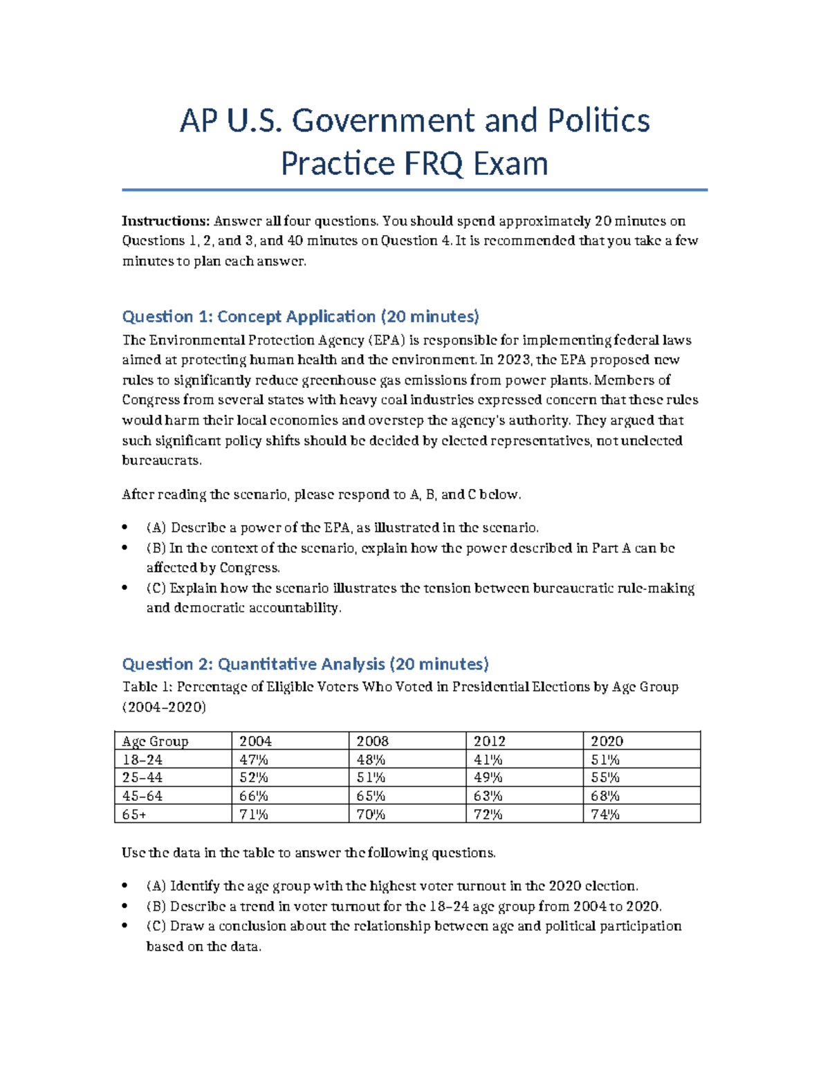 AP Gov Practice FRQ Exam: Key Concepts & Analysis - Studocu