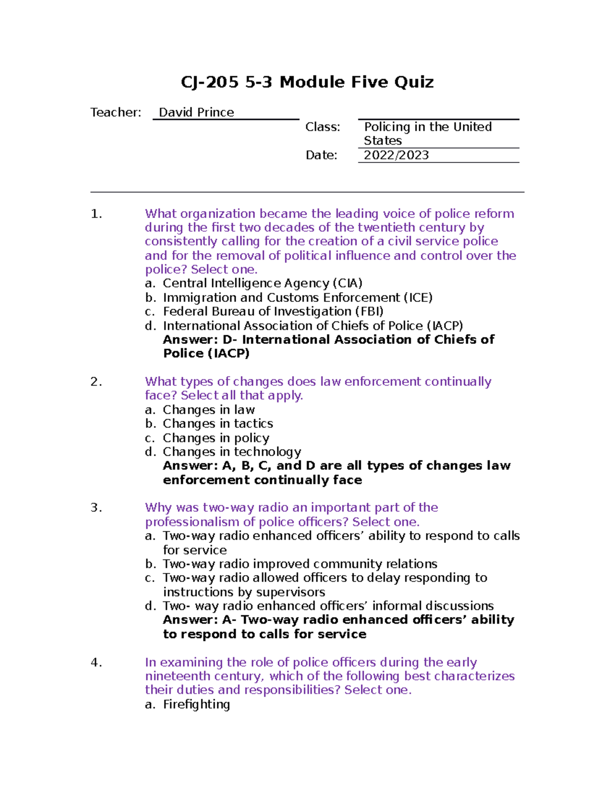 CJ 205 5-3 Quiz: Key Concepts and Questions from Module Five - Studocu