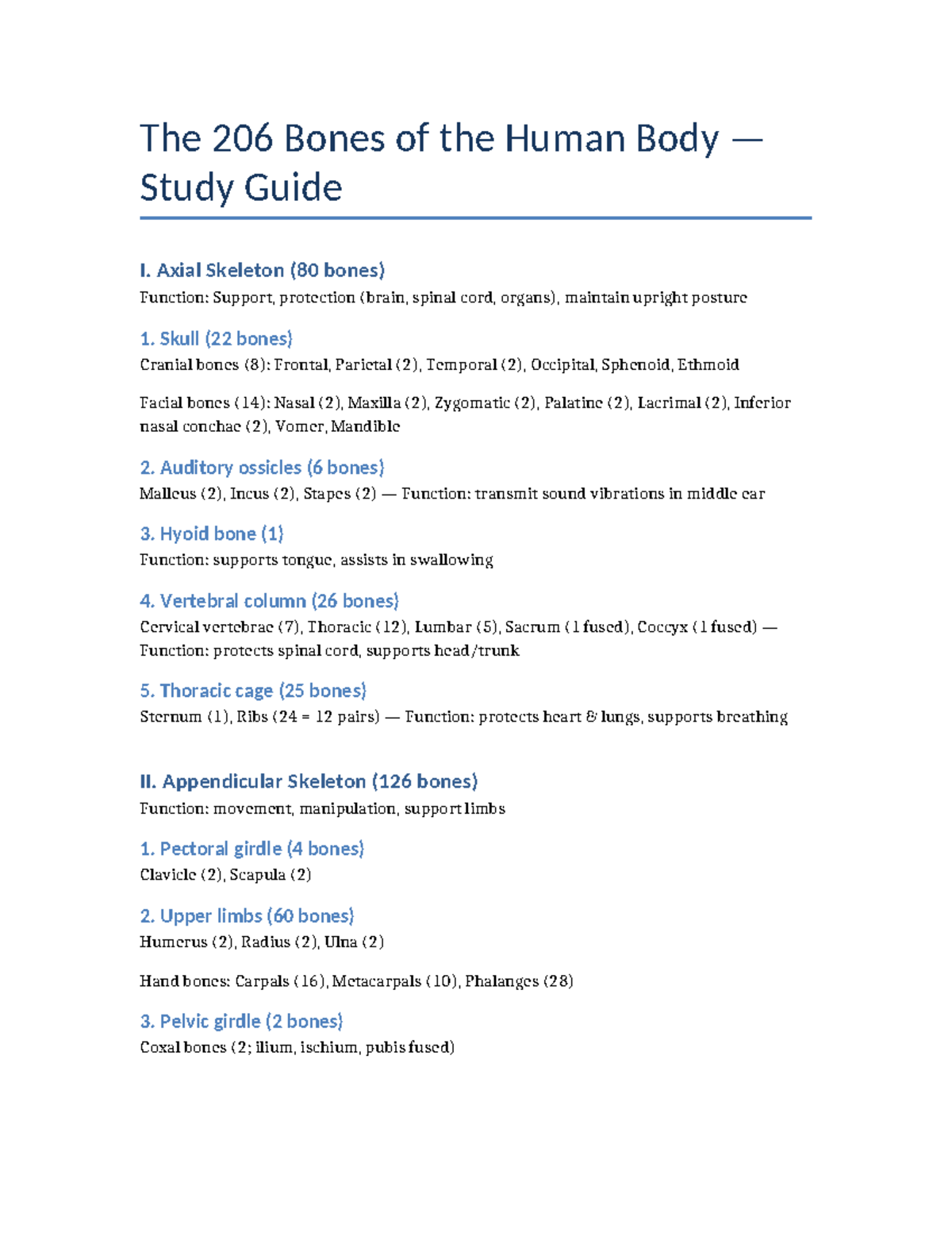 206 Bones of the Human Body Study Guide: Axial & Appendicular Skeleton ...