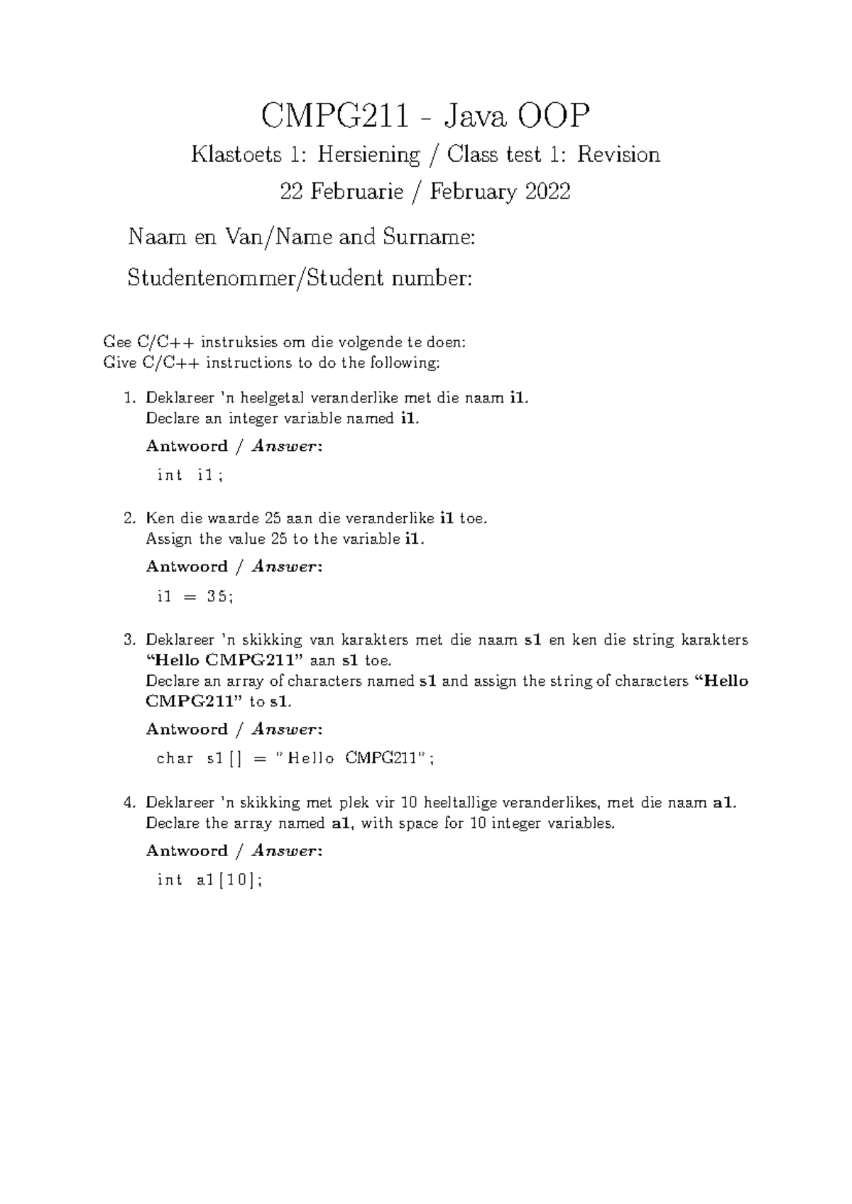 Class Tests merged - CMPG211 - Java OOP Klastoets 1: Hersiening / Class ...