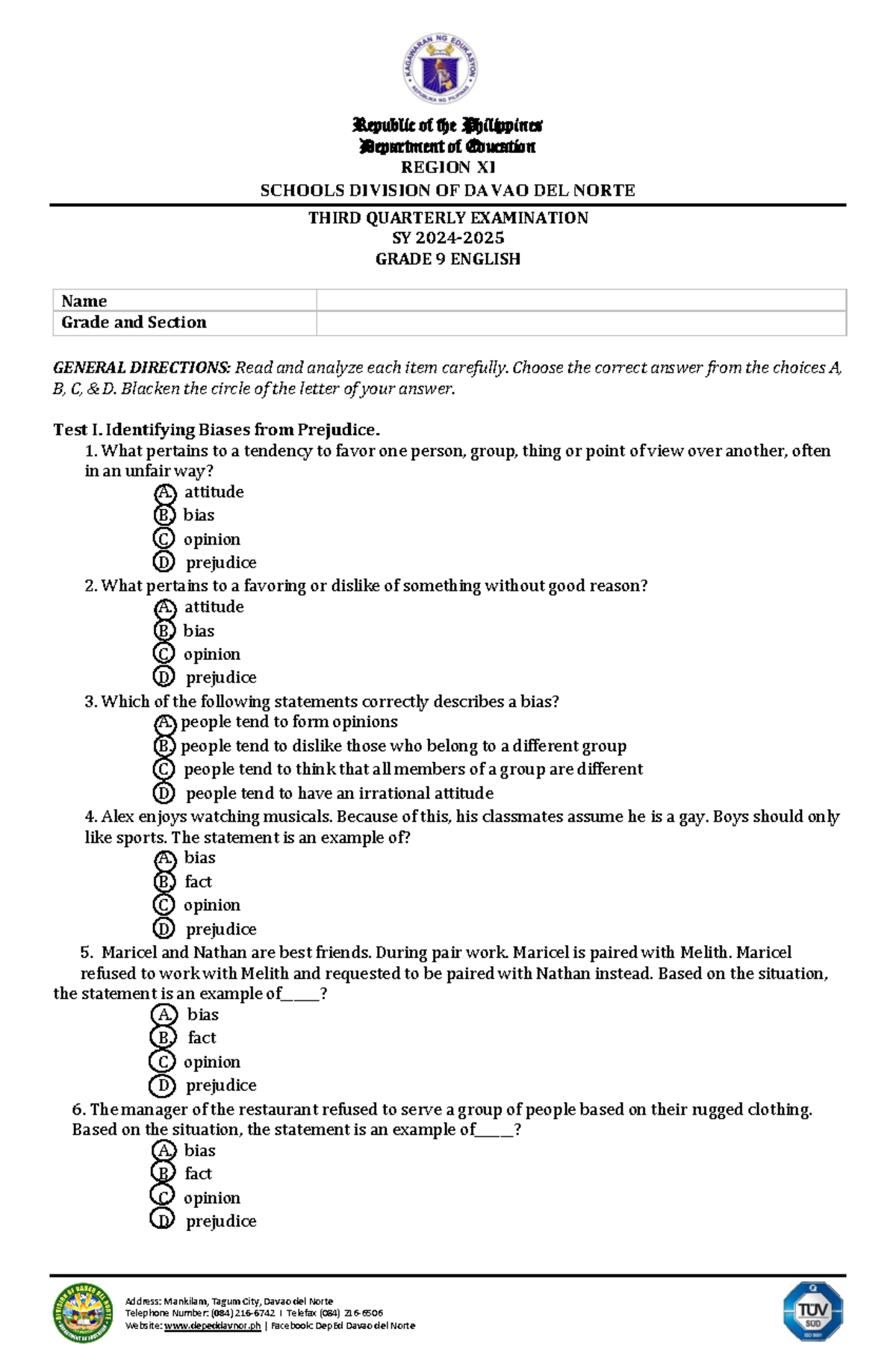 Grade 9-P1 - Use this - Department of Education REGION XI SCHOOLS ...