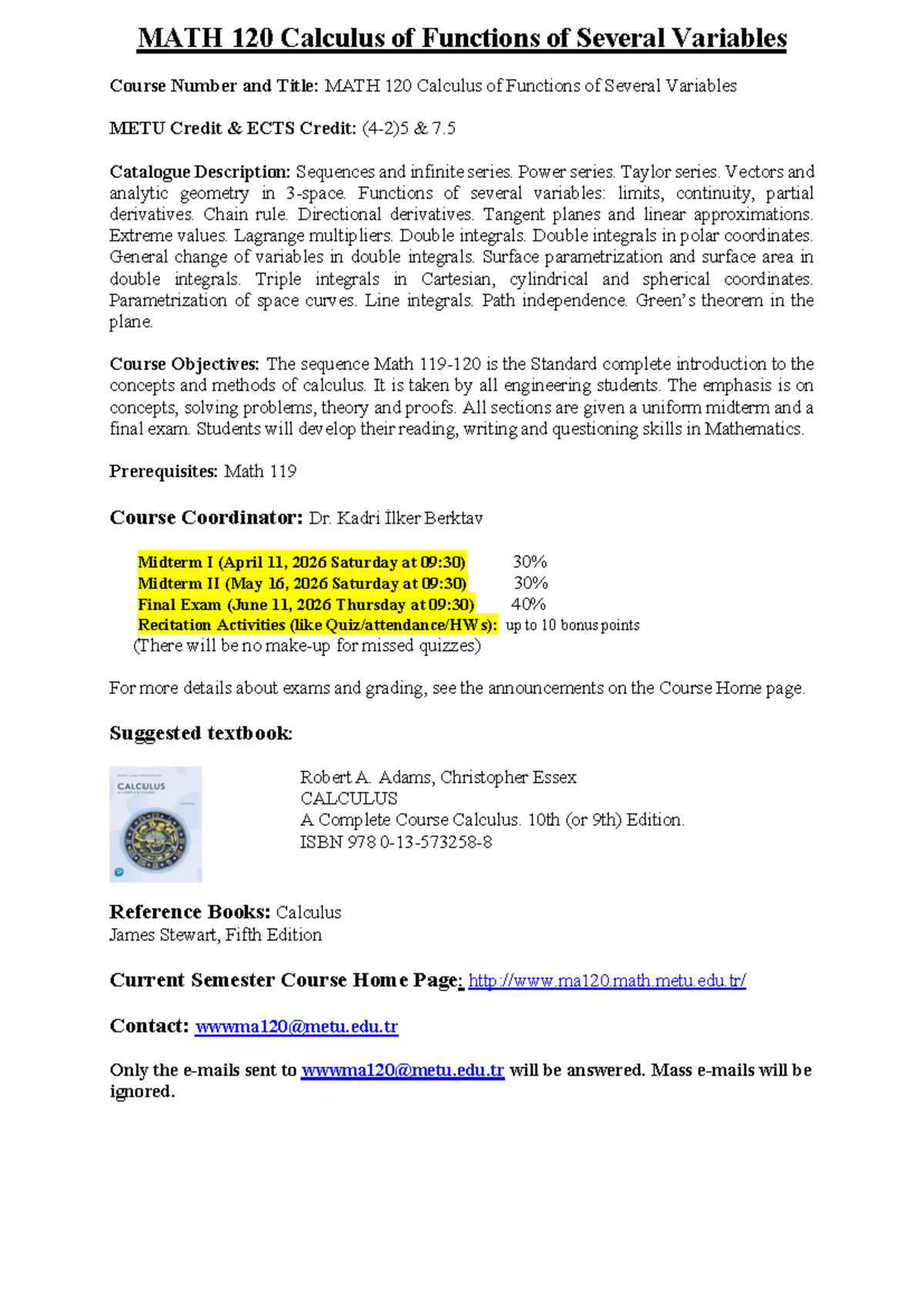 MATH 120 Calculus of Functions of Several Variables Syllabus 2025 - Studocu