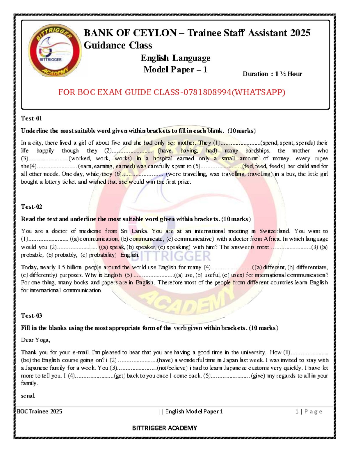 BOC Trainee 2025 English Model Paper 1: Guidance and Practice - Studocu