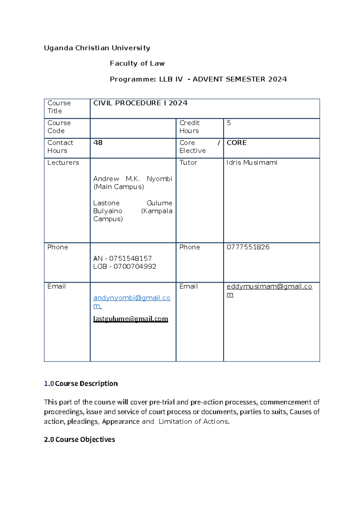 UCU LLB IV Civil Procedure I Reading List - Advent Semester 2024 - Studocu
