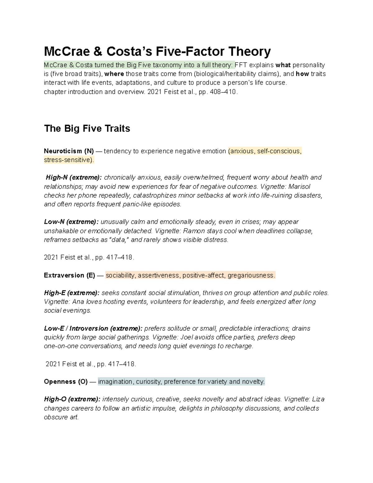 McCrae & Costa's Five-Factor Theory Overview (FFT) - Studocu