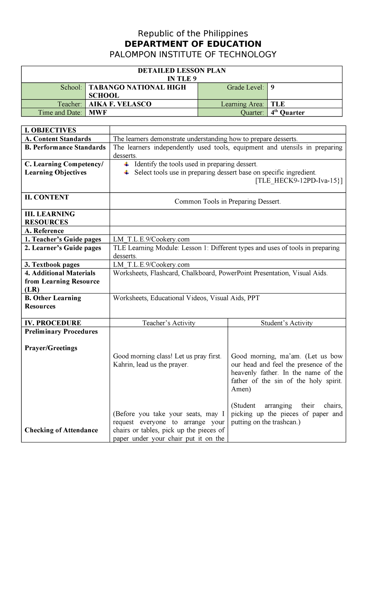 THE Final LP - COMMON TOOLS IN PREPARING DESSERT - DETAILED LESSON PLAN ...