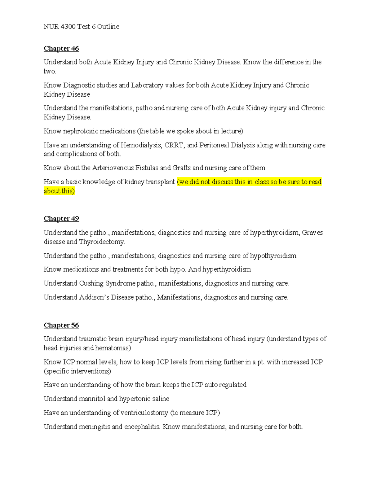NUR 4300 Test 6 Study Outline: Key Concepts on Kidney & Thyroid Care ...
