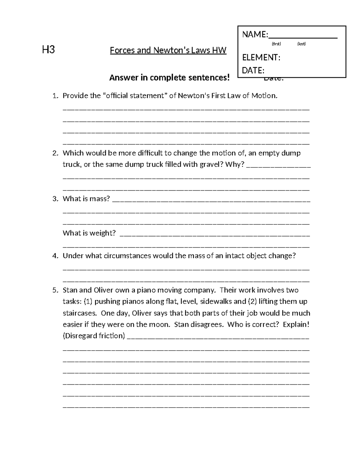H3 - Forces & Newton's Laws Homework (6th & 7th Grade) - Studocu