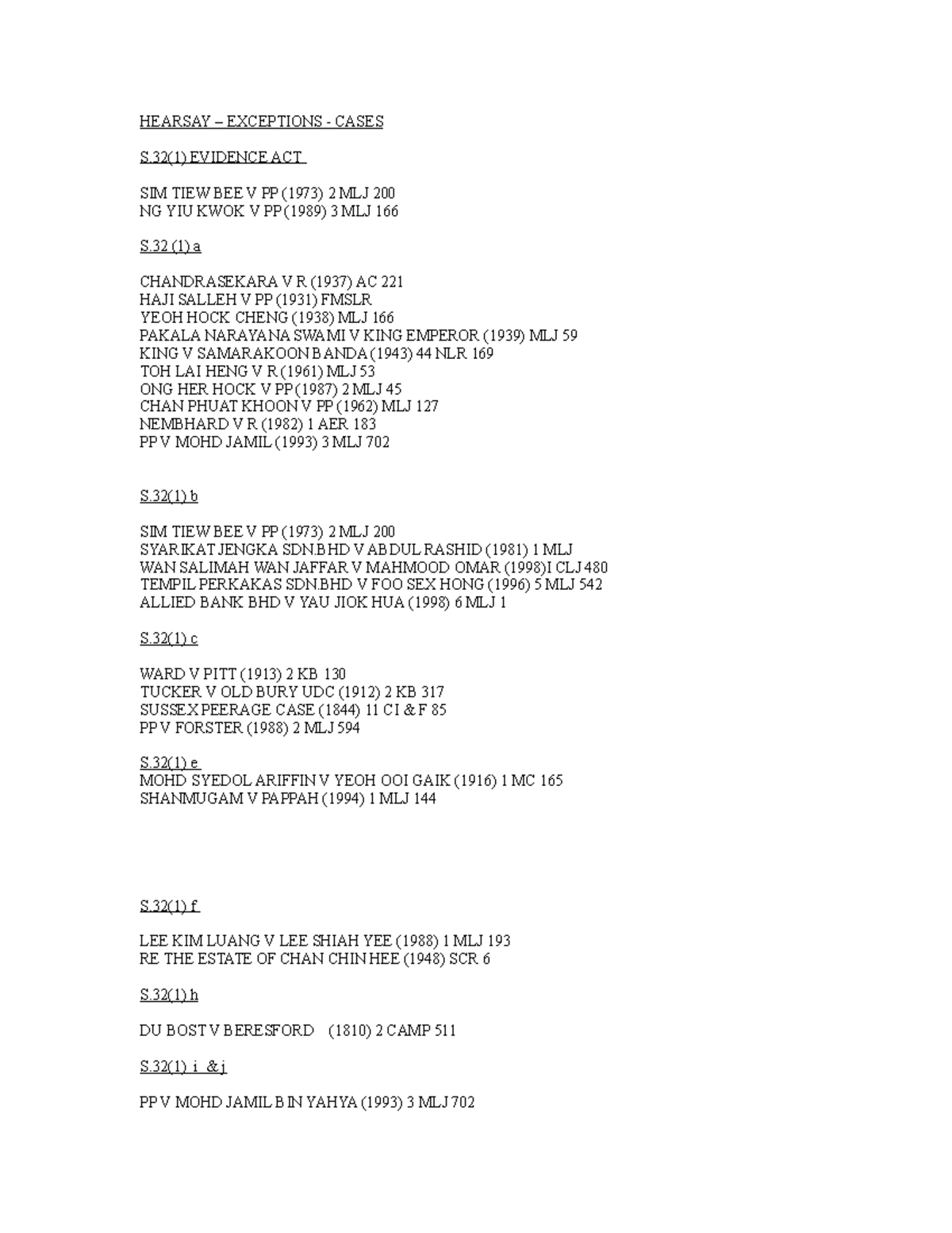 Hearsay Lecture Notes on Case list 2013 - HEARSAY – EXCEPTIONS - CASES ...