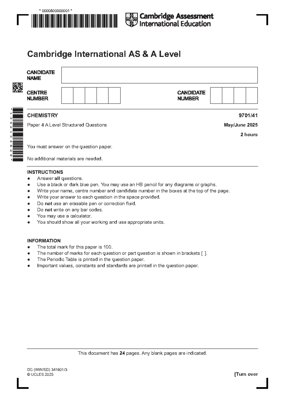 Cambridge International AS A Level 9701 Chemistry Paper 4 Structured ...