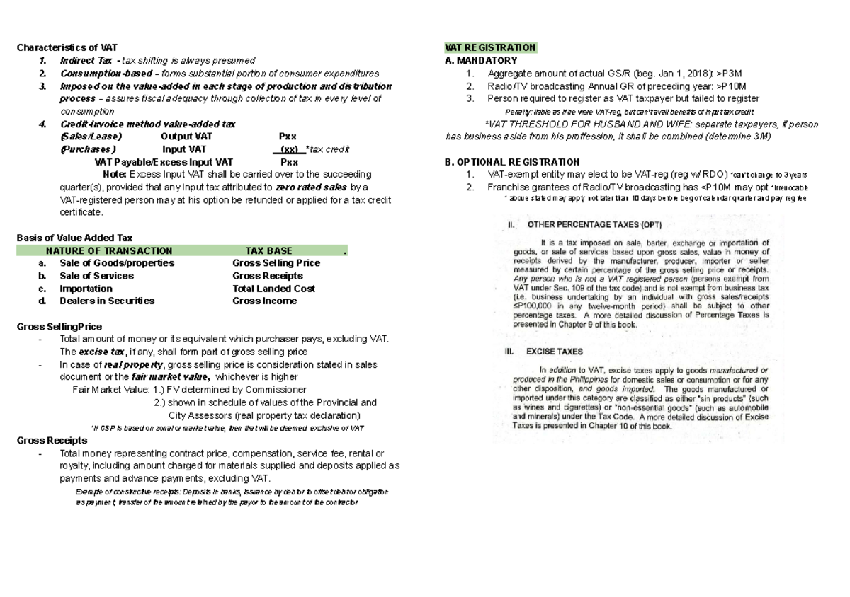 Value Added Tax - VAT notes - Characteristics of VAT 1. Indirect Tax ...