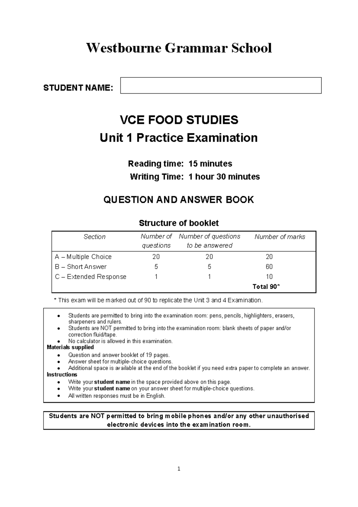 WGS VCE Food Studies Unit 1 In-Class Practice Exam - Studocu