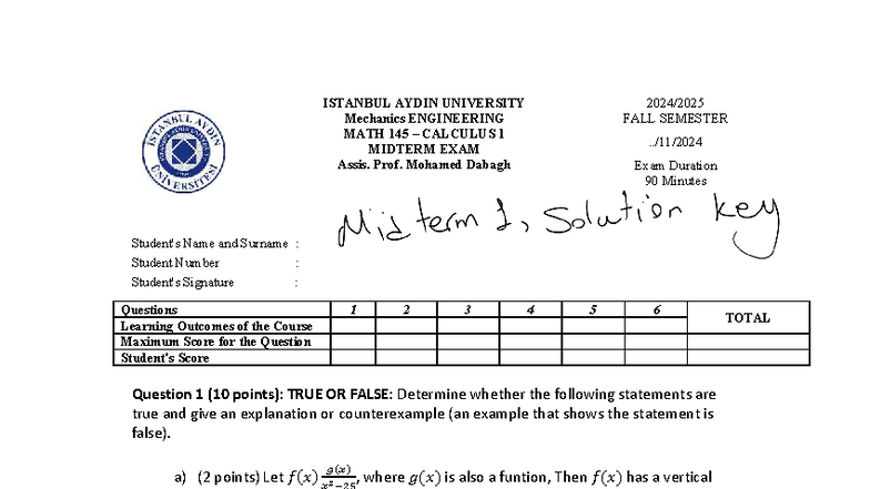 MATH 145 Calculus 1 Midterm Exam Solutions - Fall Semester - Studocu