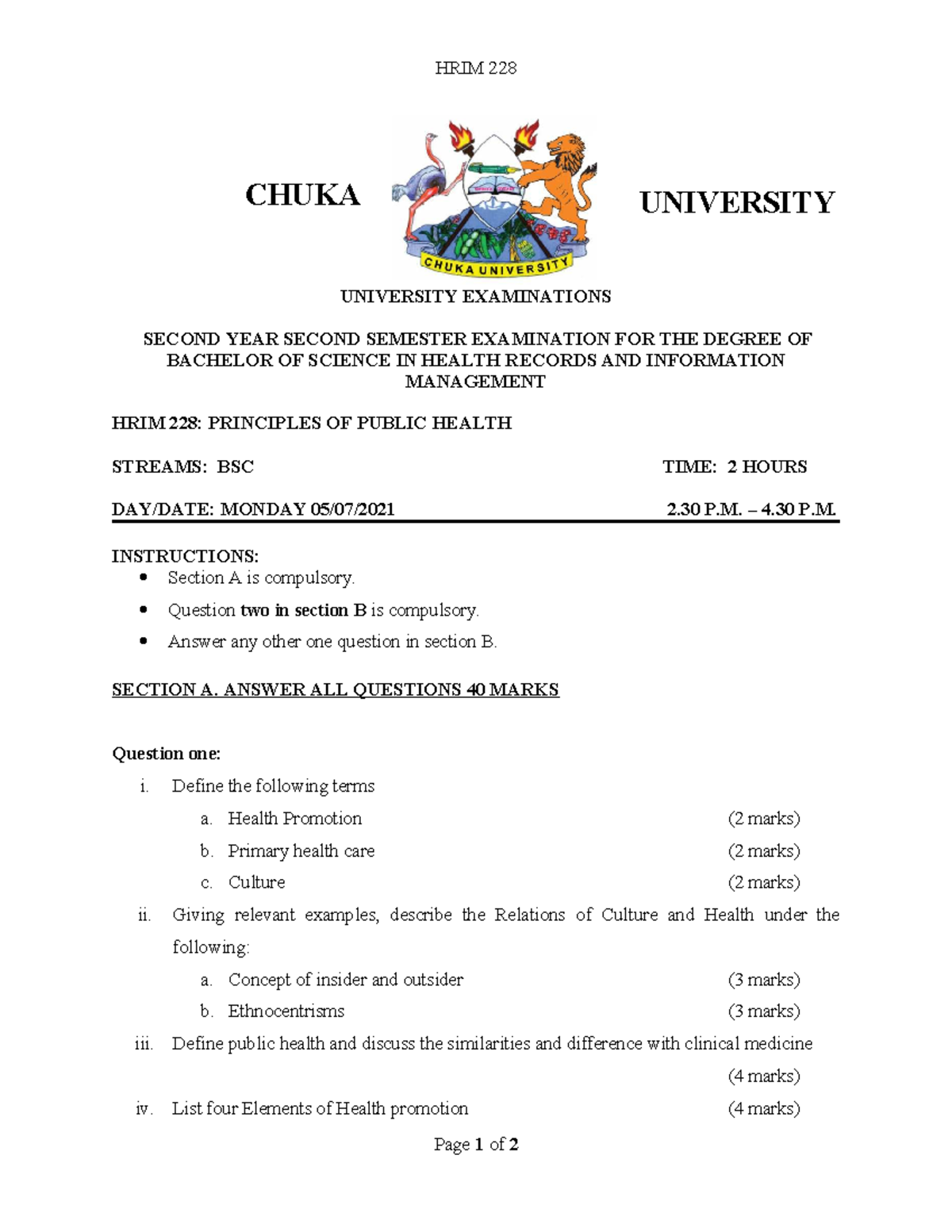 HRIM 228: Principles of Health Promotion - Exam Notes - Studocu