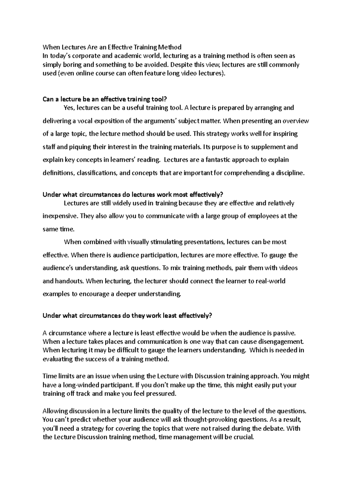 Unit 5 Discussion 1: The Effectiveness of Lectures in Training - Studocu