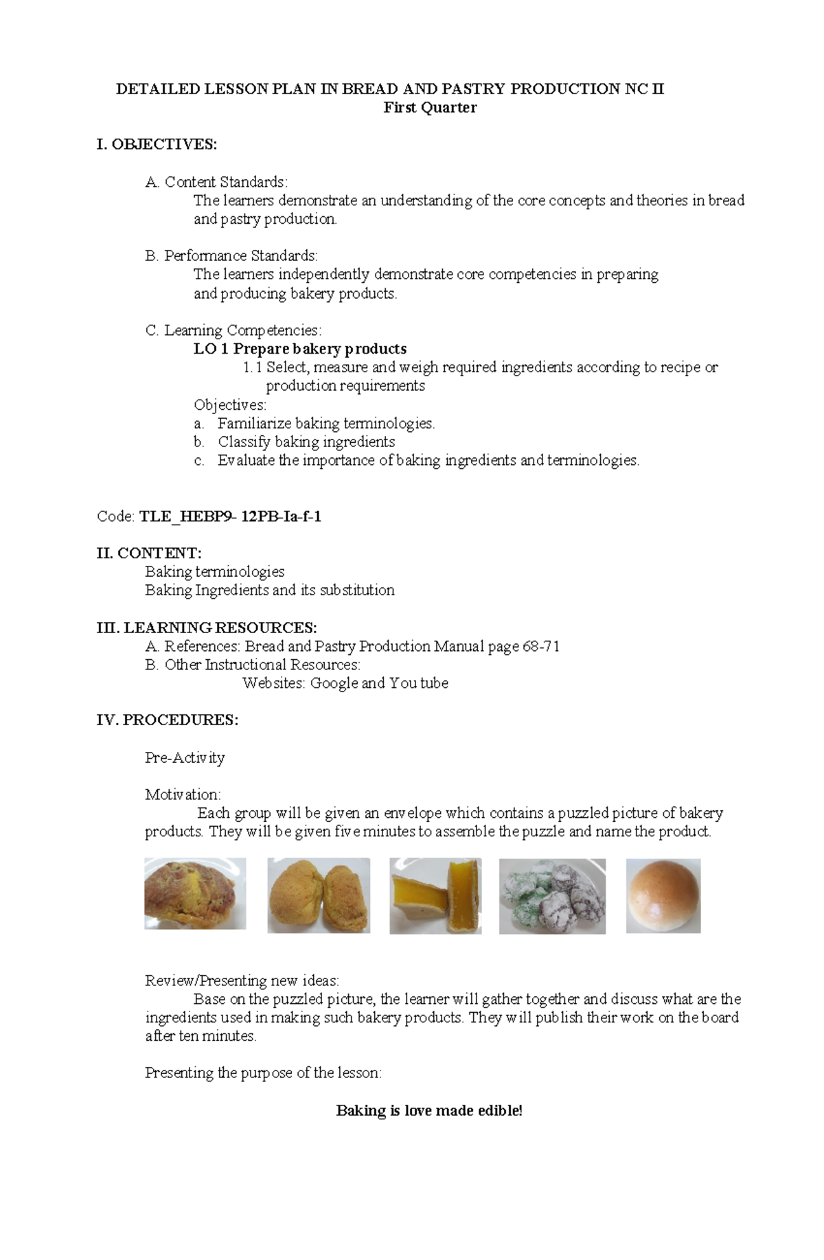 DLP Lesson Plan: Baking Ingredients Selection & Measurement Techniques ...