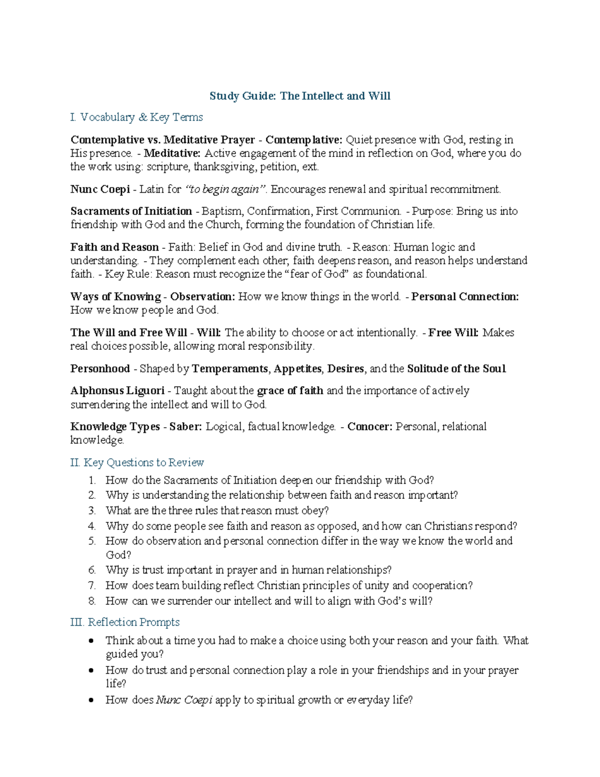 Study Guide: Intellect and Will in Faith (Course Code) - Studocu