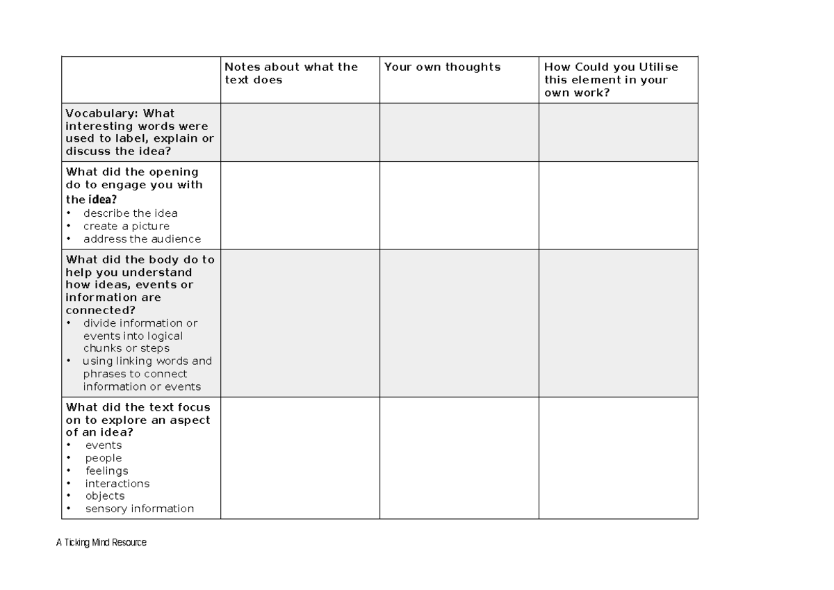 Mentor Text Note-Taking Table: Vocabulary & Engagement Strategies - Studocu