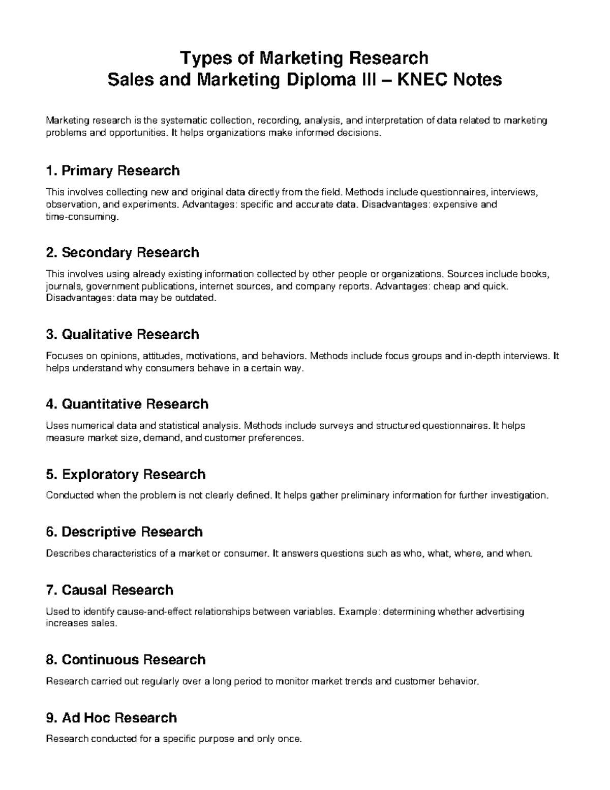 Types of Marketing Research KNEC Diploma Notes - Studocu