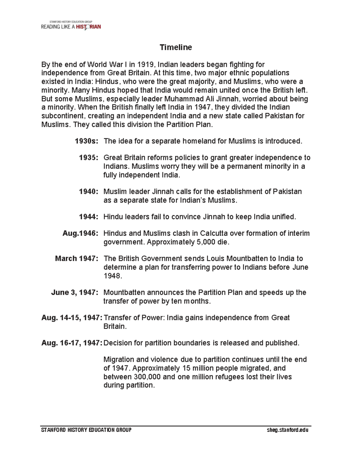 India Partition DBQ: Analyzing Perspectives on the 1947 Division - Studocu