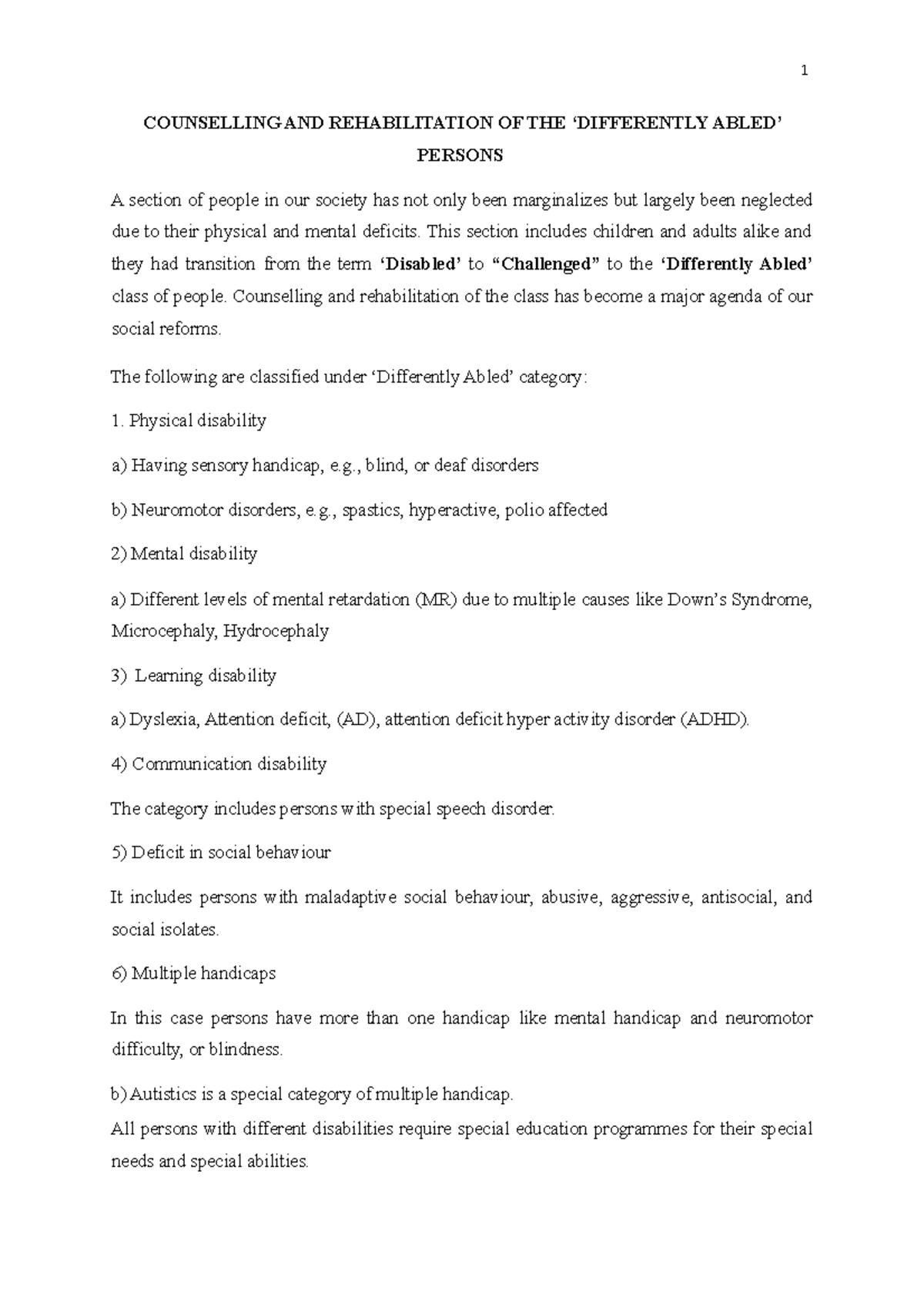 Special Areas in Counselling - Psychology - MG University - Studocu
