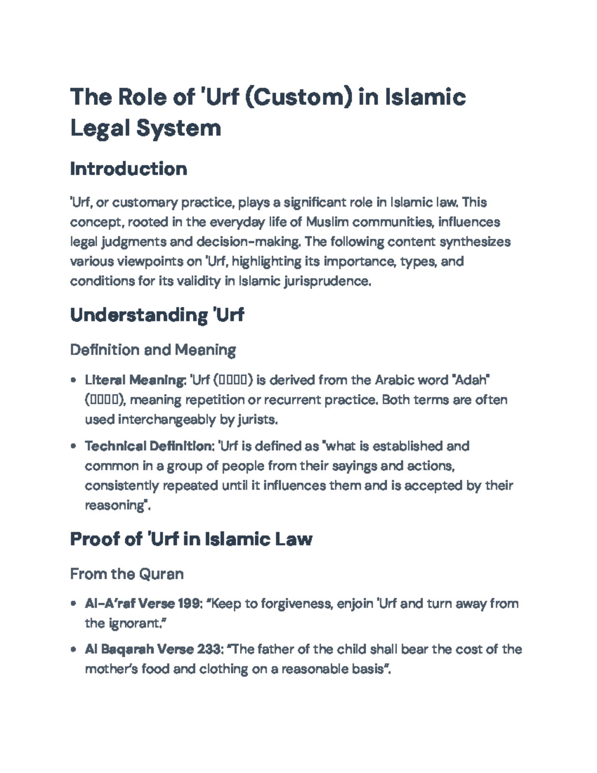 The Role of 'Urf (Custom) in Islamic Legal System: Analysis and ...