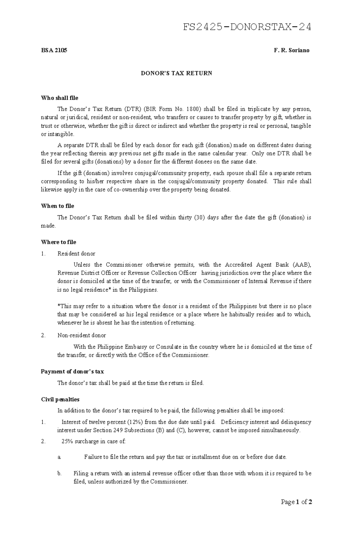 BSA 2105 F. R. Soriano Tax Return Filing Guidelines for Donors - Studocu