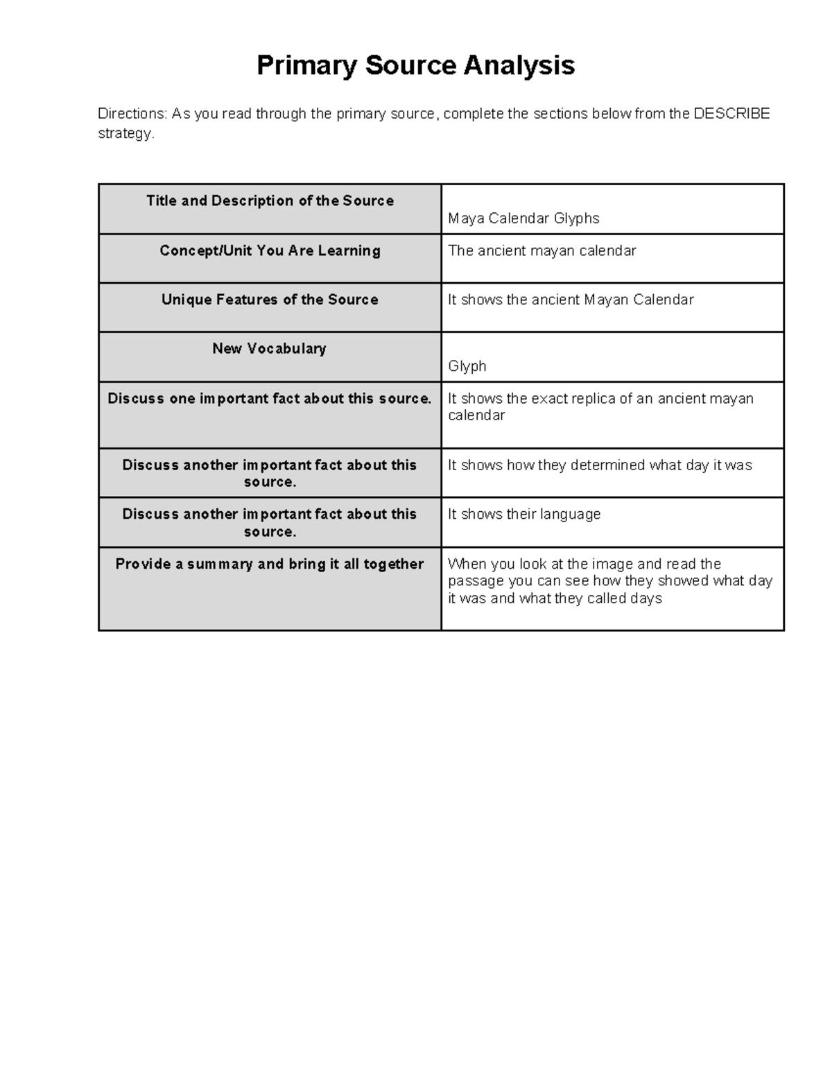 Primary Source Analysis: Maya Calendar Glyphs Worksheet - Studocu