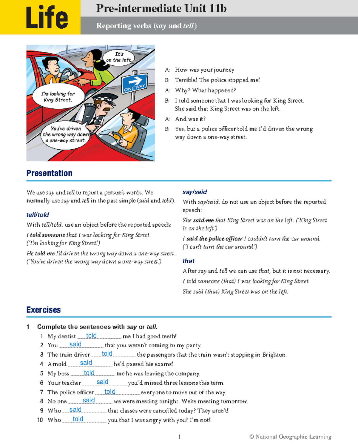 Pre-Intermediate GW 11b-1: Reporting Verbs 'Say' and 'Tell' Exercises ...