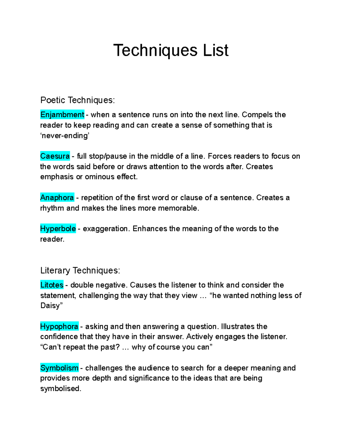 Poetic and Literary Techniques List for ENG 101 Essay Notes - Studocu