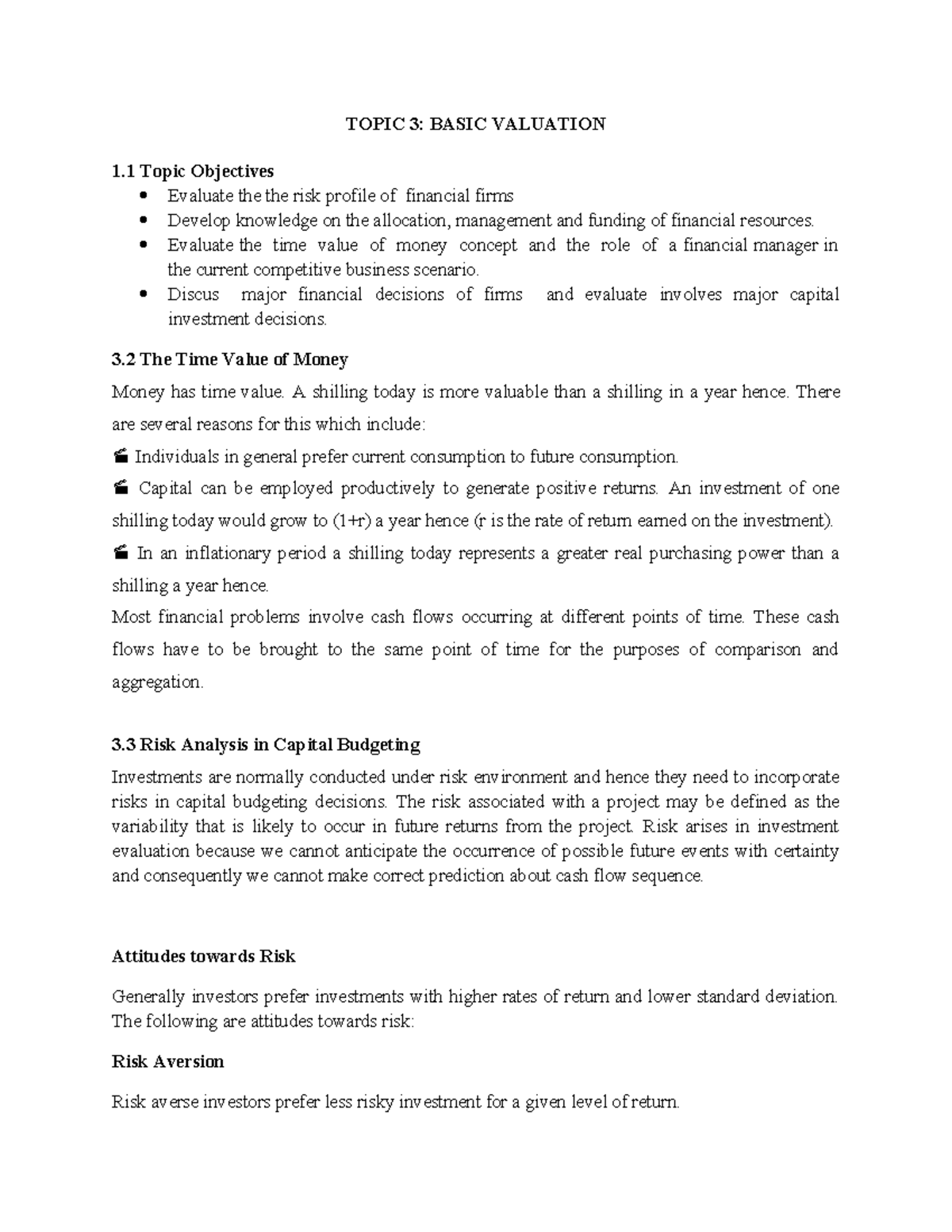 Topic 3: Basic Valuation & Risk Analysis - - Studocu