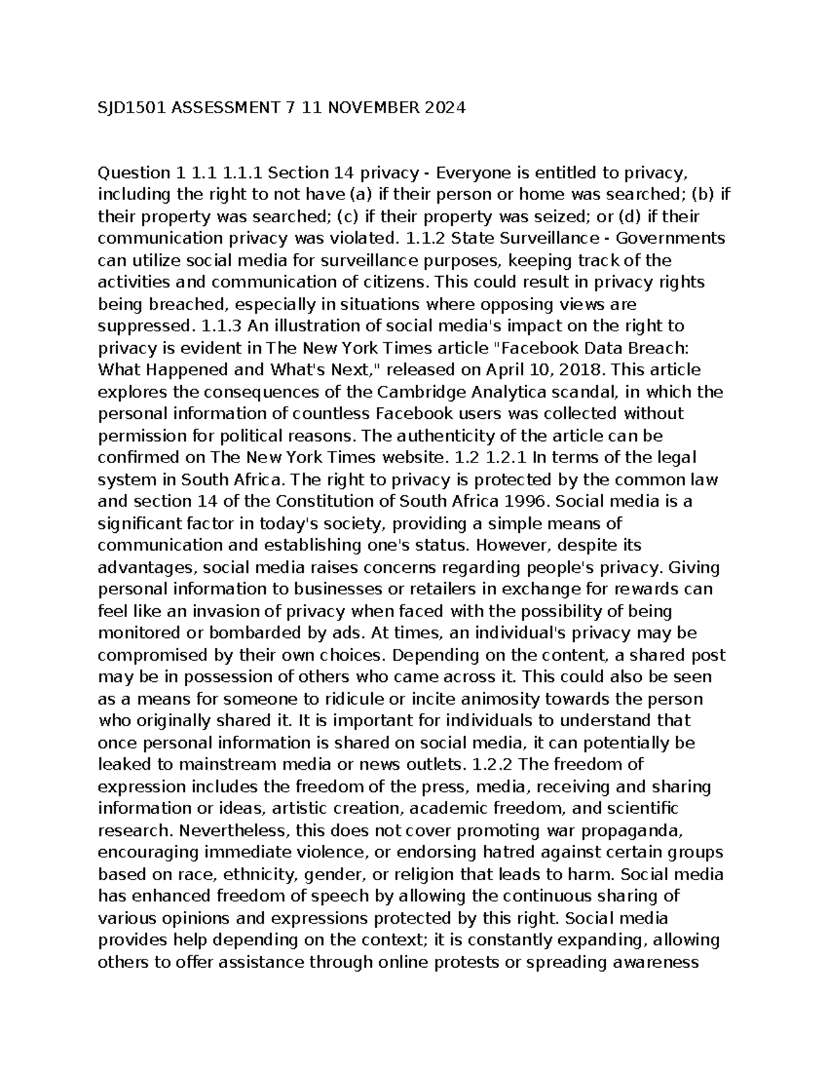SJD1501 Assessment 7: Exploring Privacy, Freedom of Expression, and ...