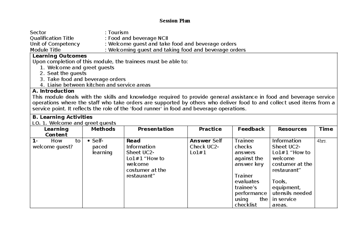 Session Plan FBS UC2 - Session Plan Sector : Tourism Qualification ...