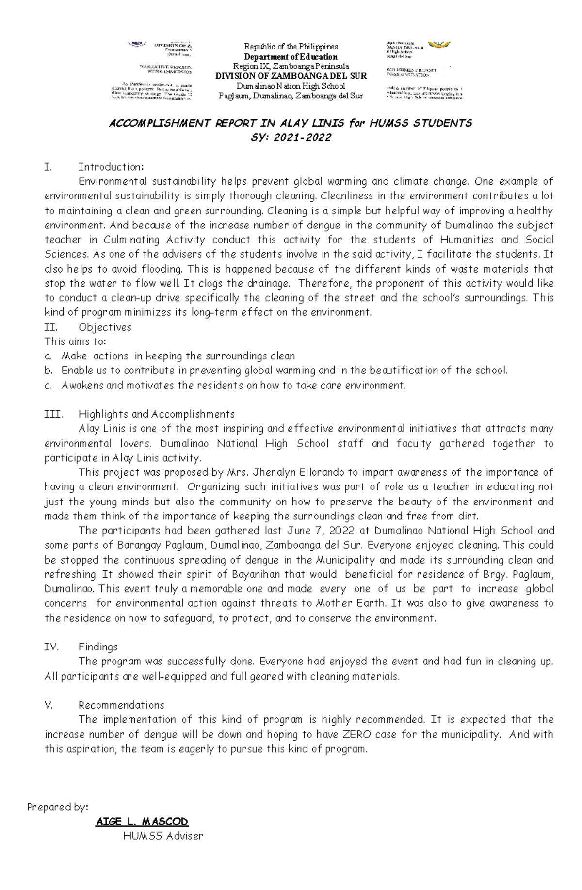 Accomplishment Report on Alay Linis for HUMSS Students SY 2021-2022 ...