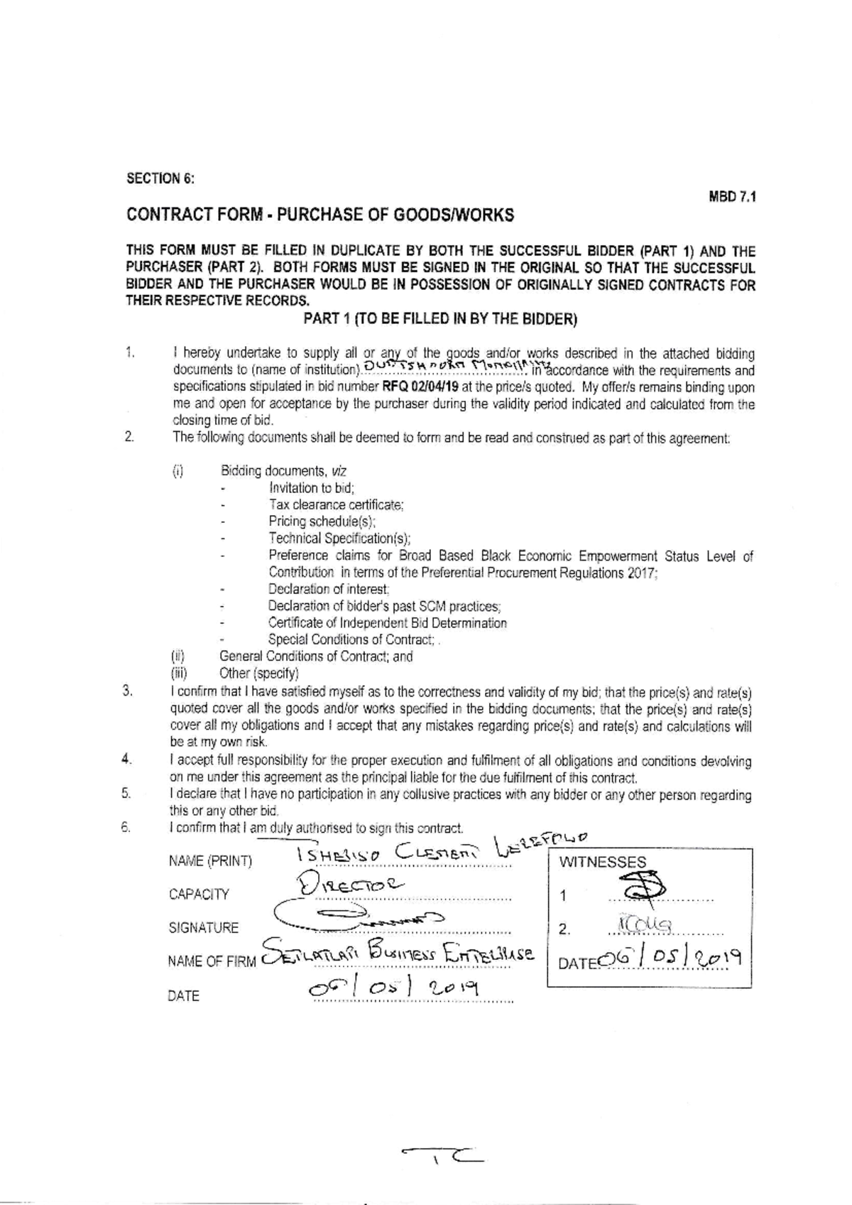 MBD 7.1 Contract Form for Purchase of Goods - RFQ Guidelines - Studocu