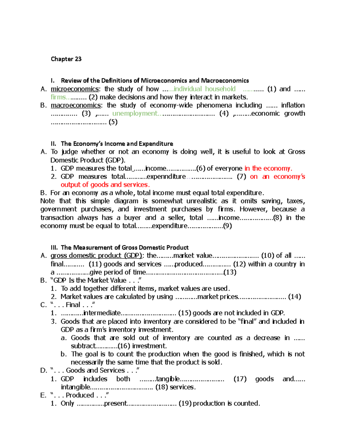 Chapter 23 - good - Chapter 23 I. Review of the Definitions of Microeconomics and Macroeconomics ...