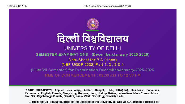 B.A. (Hons) University of Delhi Semester Exam Schedule (Dec 2025) - Studocu