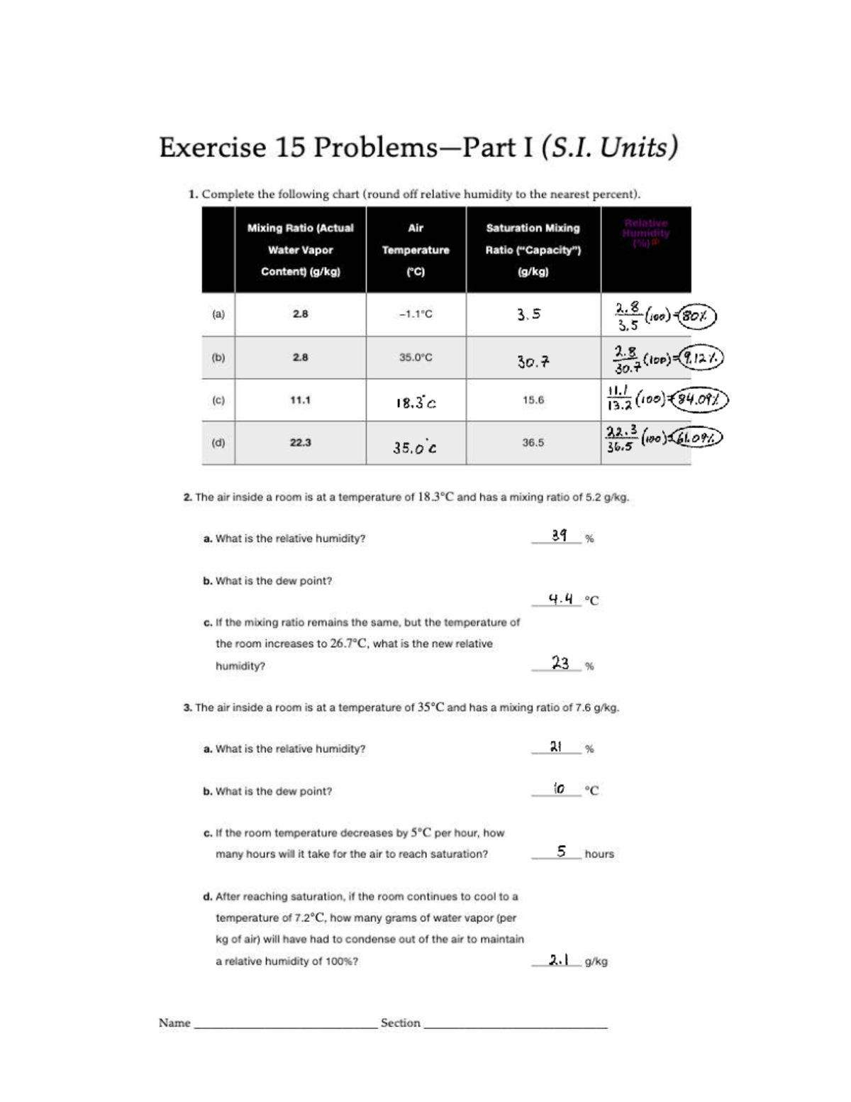 Lab 4 - Exercise 15 I: S.I. Units & Relative Humidity Calculations ...